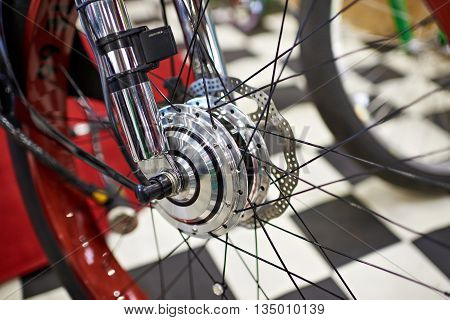 Front Wheel With Electric Motor Of Modern Bicycle - Stock Image ...